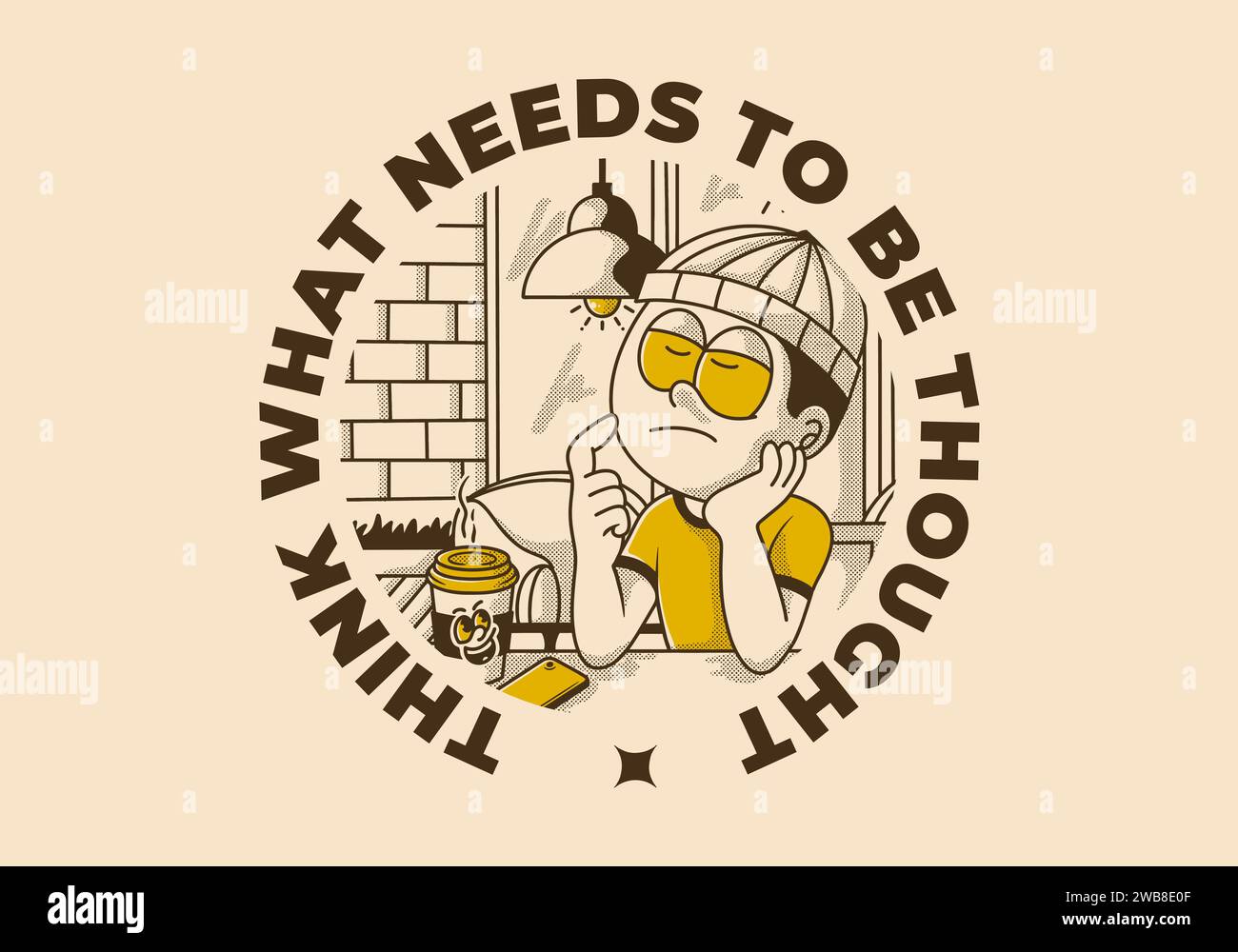 Think what needs to be thought. Vintage illustration of a boy in cafe ...