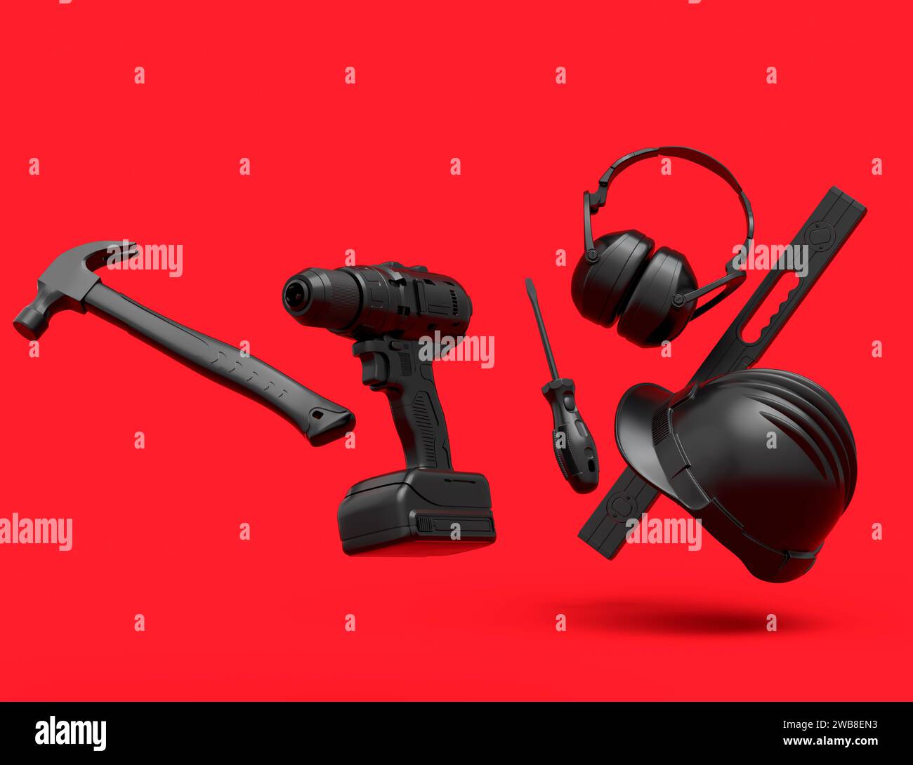 Flying view of monochrome construction tools for repair and ...