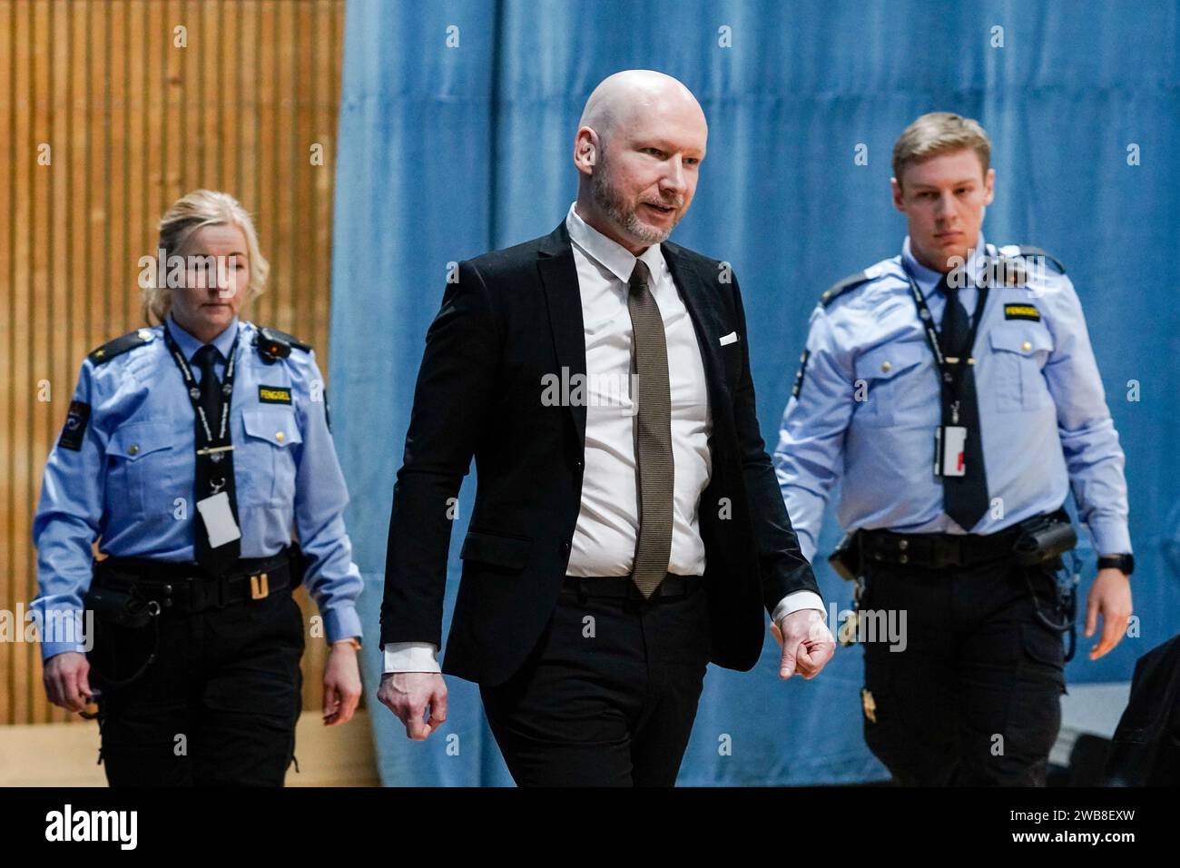Tyristrand 20240109.Anders Behring Breivik followed by guards as he ...