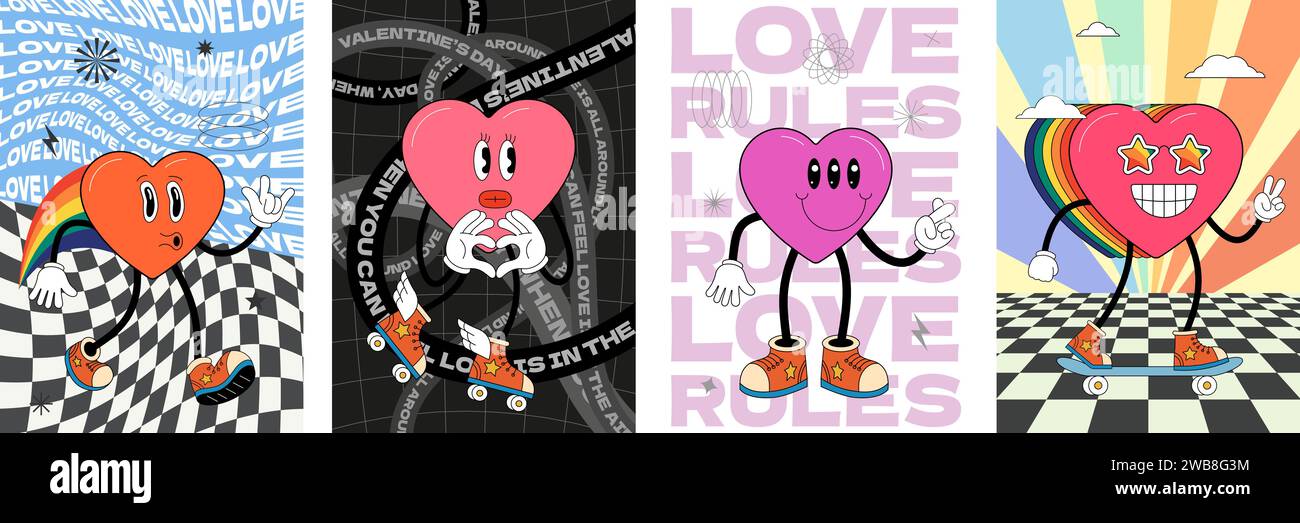 Happy Valentines Day groovy art typography poster. 70s retro heart ...