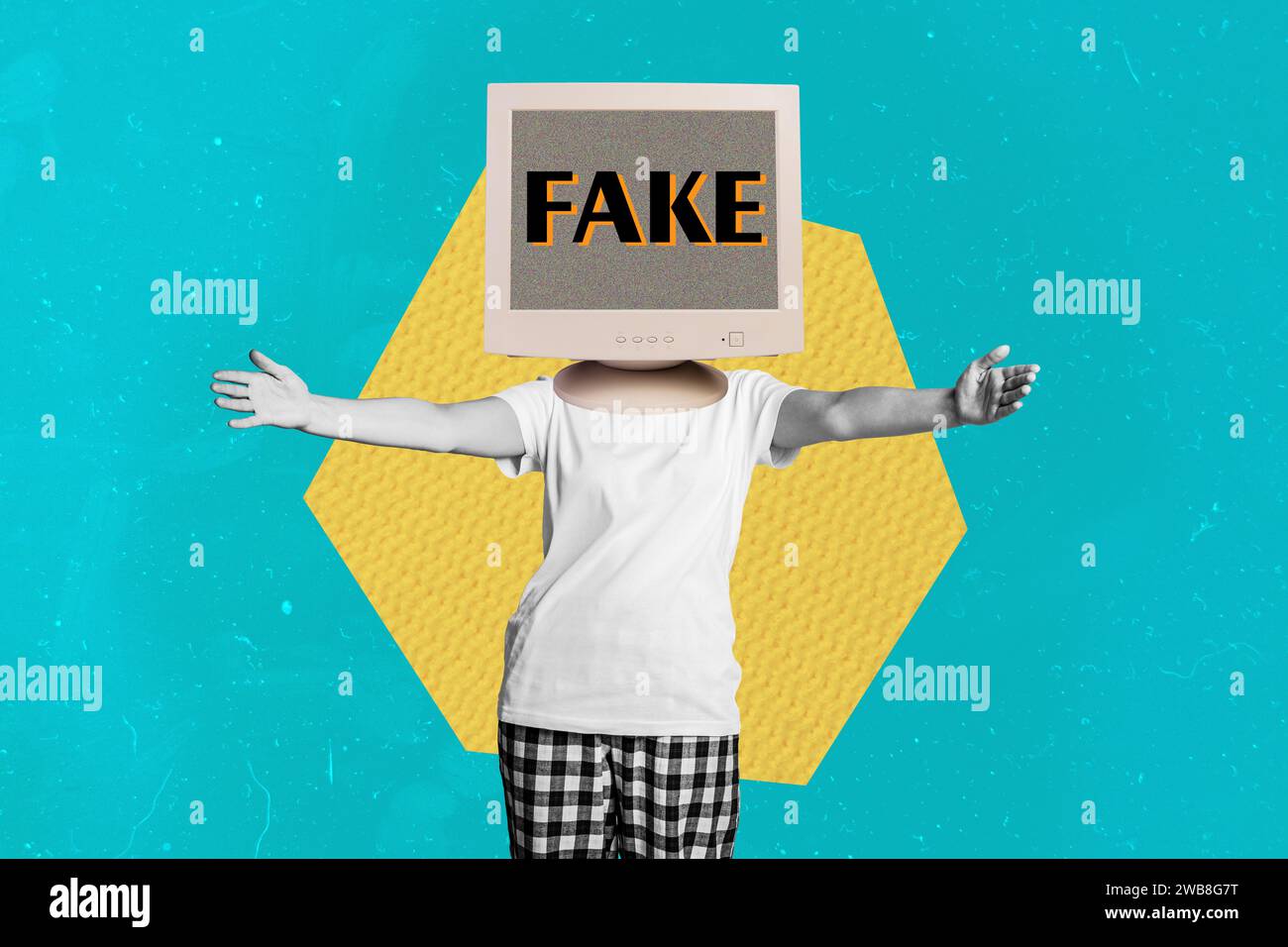 Horizontal photo collage of headless human with computer monitor ...