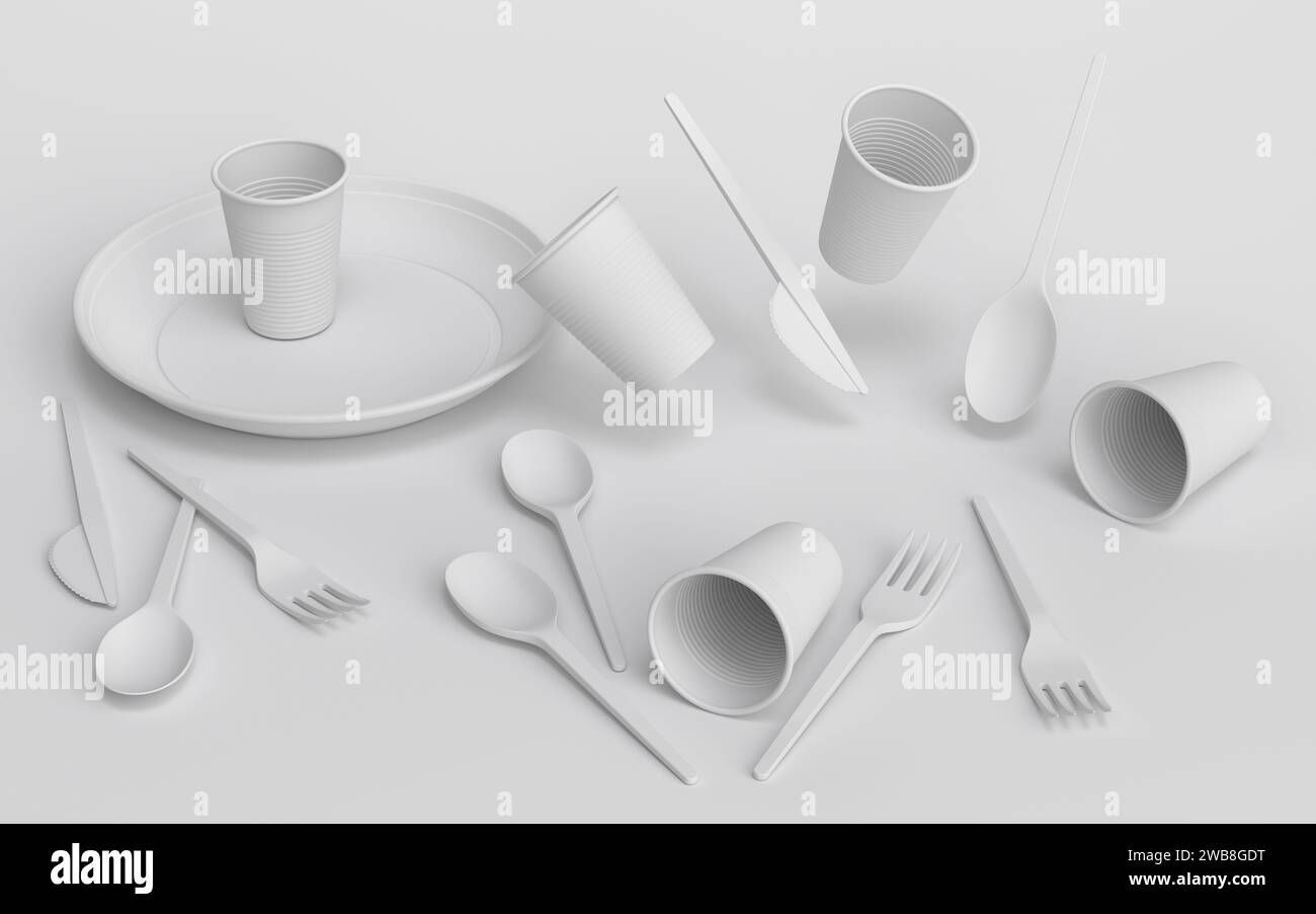 Set of disposable utensils like plate, folk, spoon,knife and cup on ...