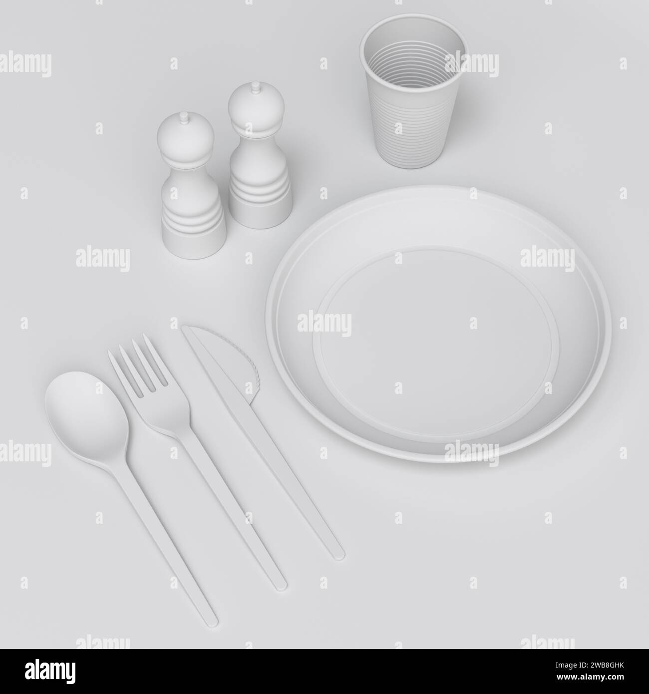 Set of disposable utensils like plate, folk, spoon,knife, cup and ...