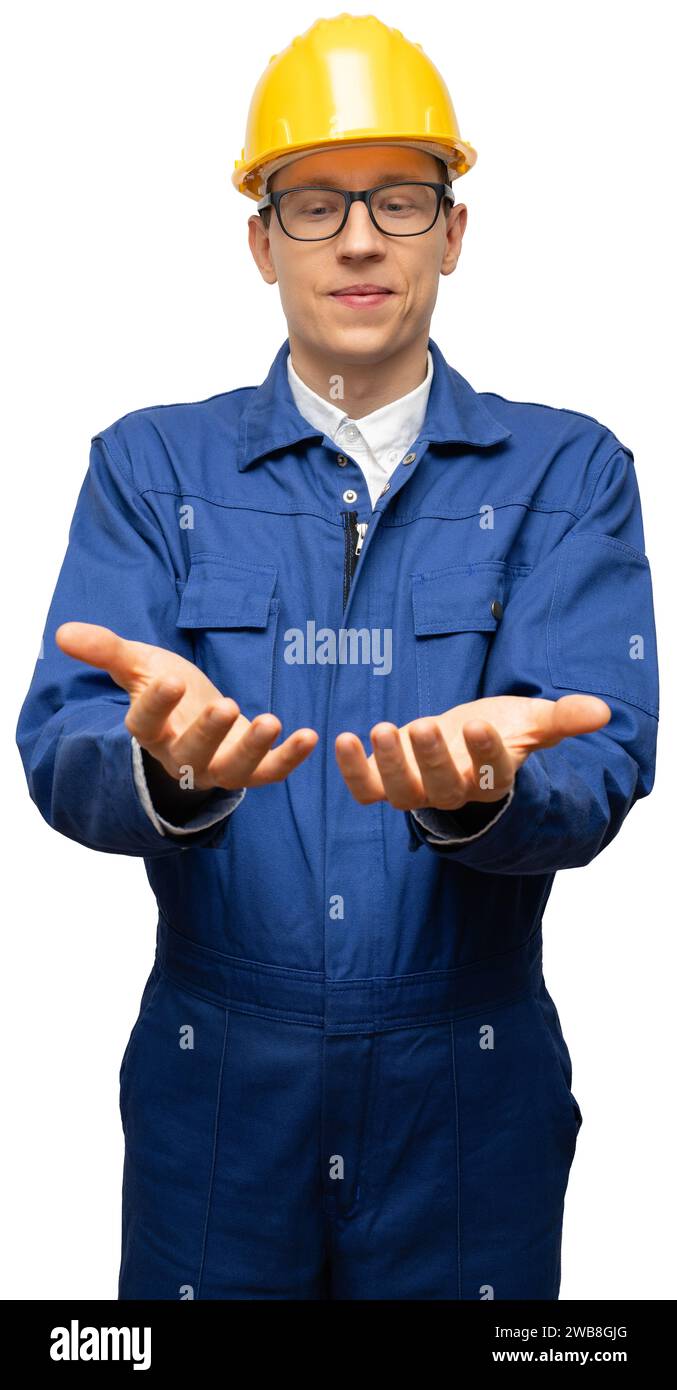 Portrait of a engineer in a glasses, helmet and blue suit. A man holds ...