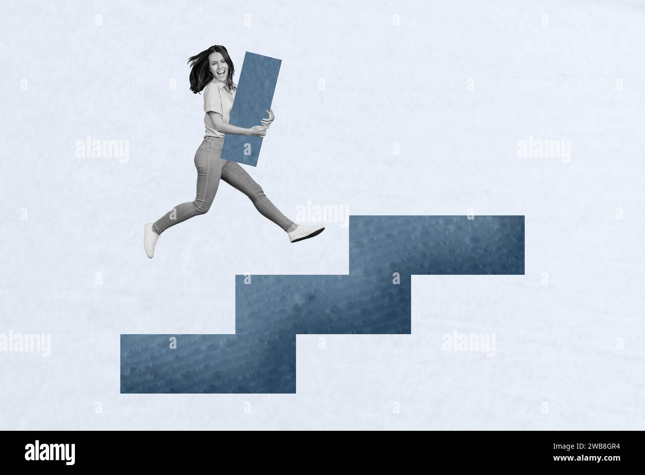 Horizontal photo collage of happy businesswoman run go building stairs ...