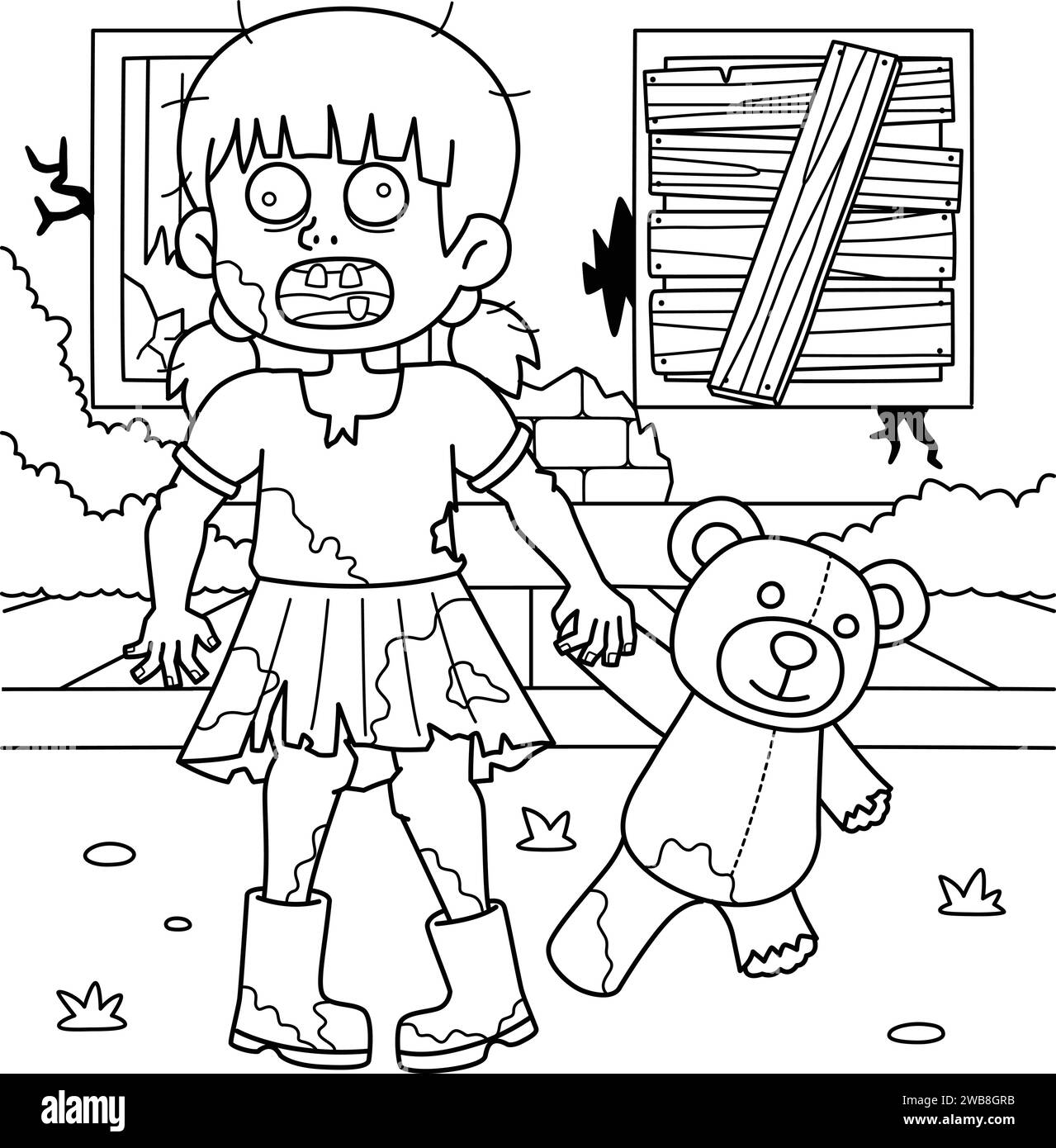 Zombie Child with Plushie Coloring Page for Kids Stock Vector Image ...
