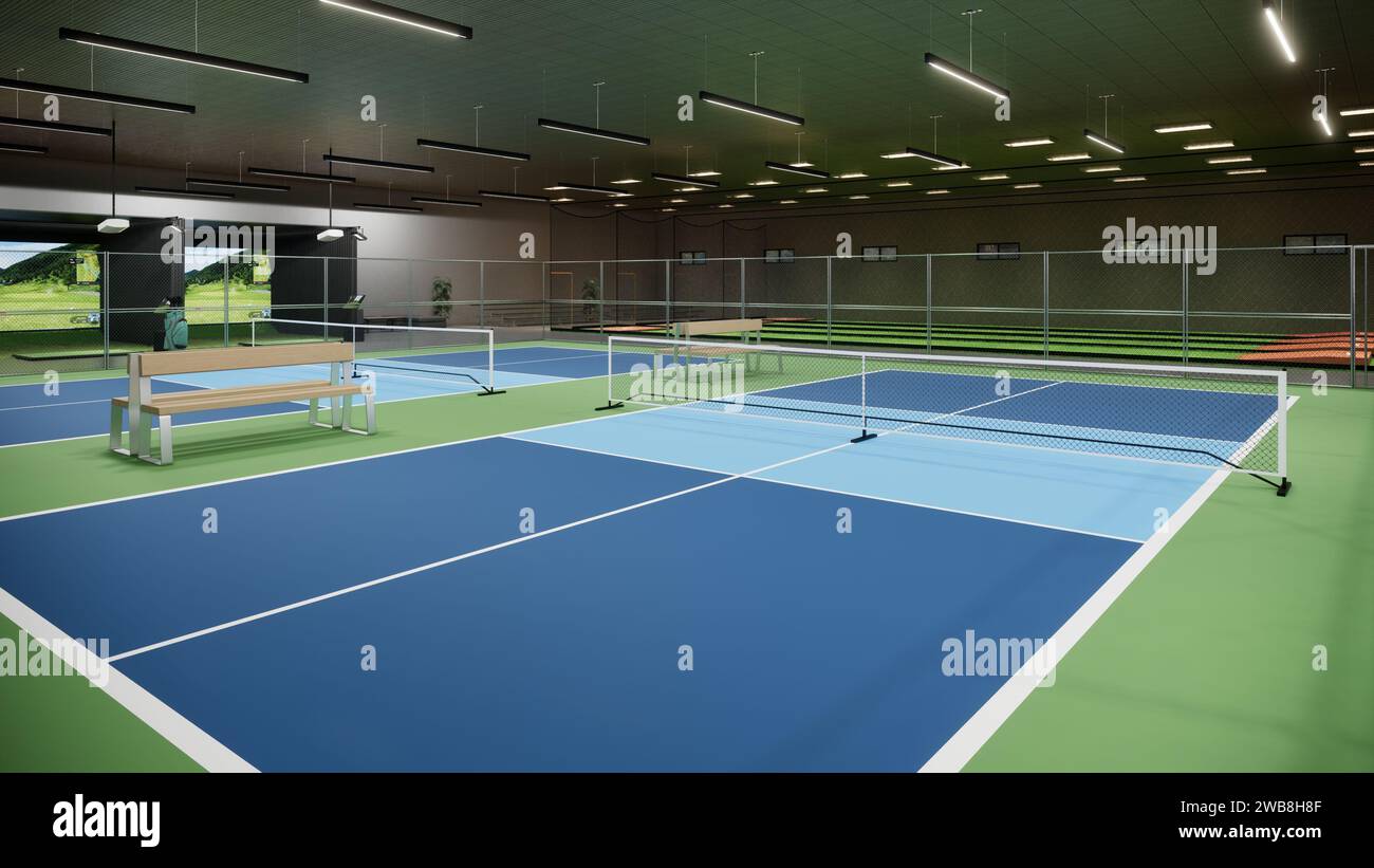 indoor pickleball court with blue and green color sport complex 3d ...