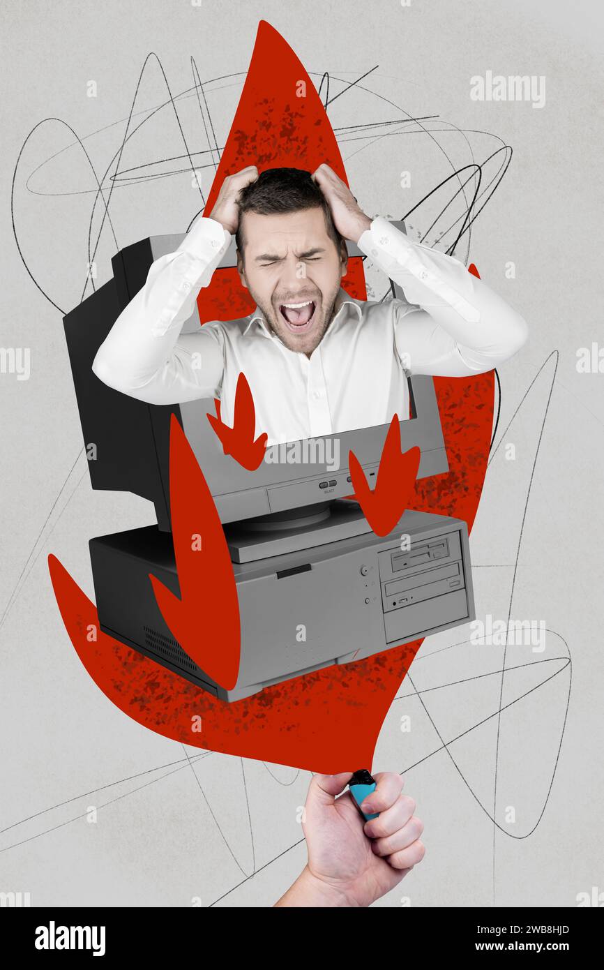 Vertical collage creative poster monochrome effect stressful depressed ...