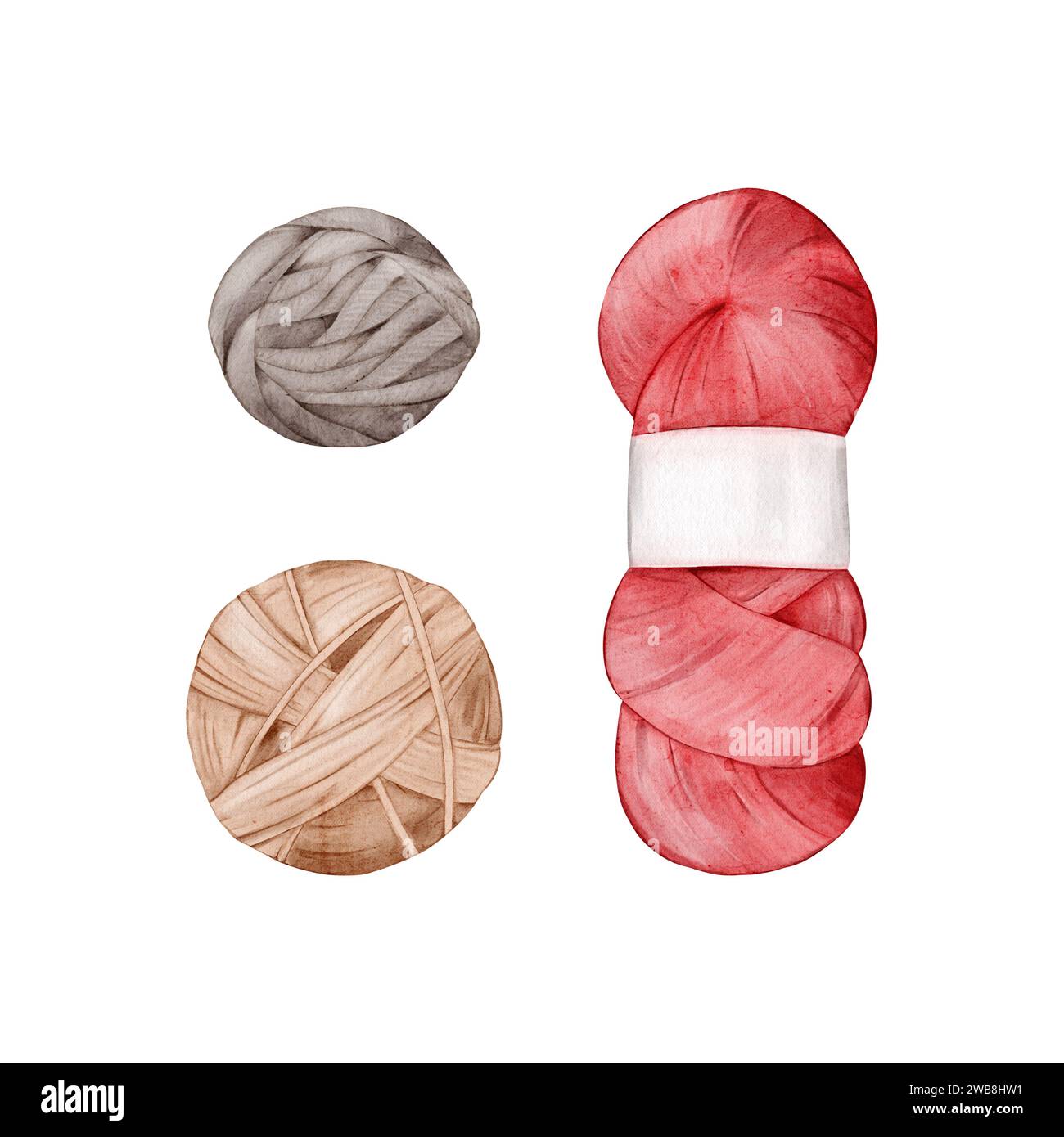 Skein with fuchsia wool yarn, brown and gray balls of thread. Isolated ...