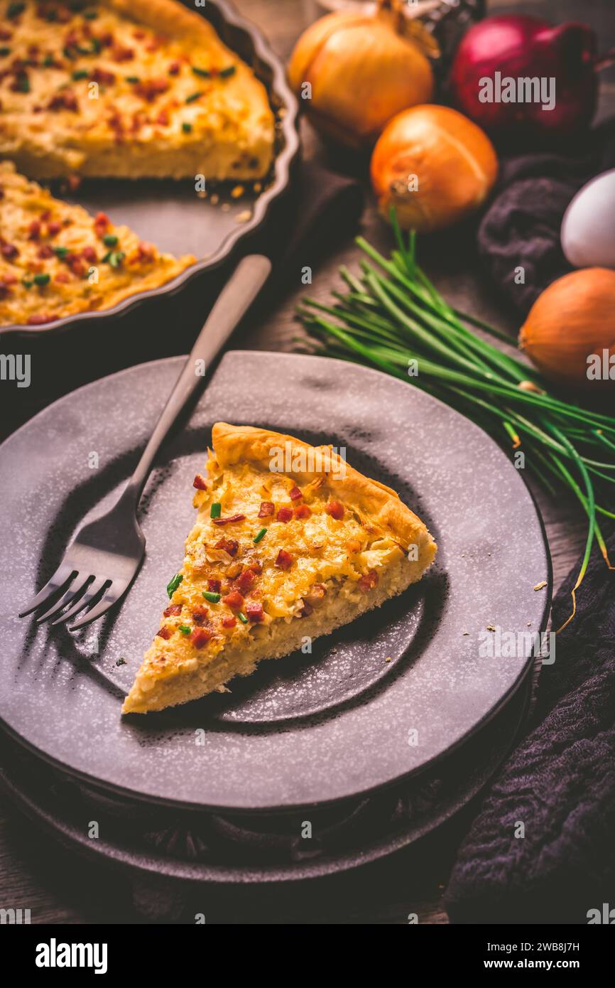 Homemade onion cake with bacon, traditional German savory onion pie ...