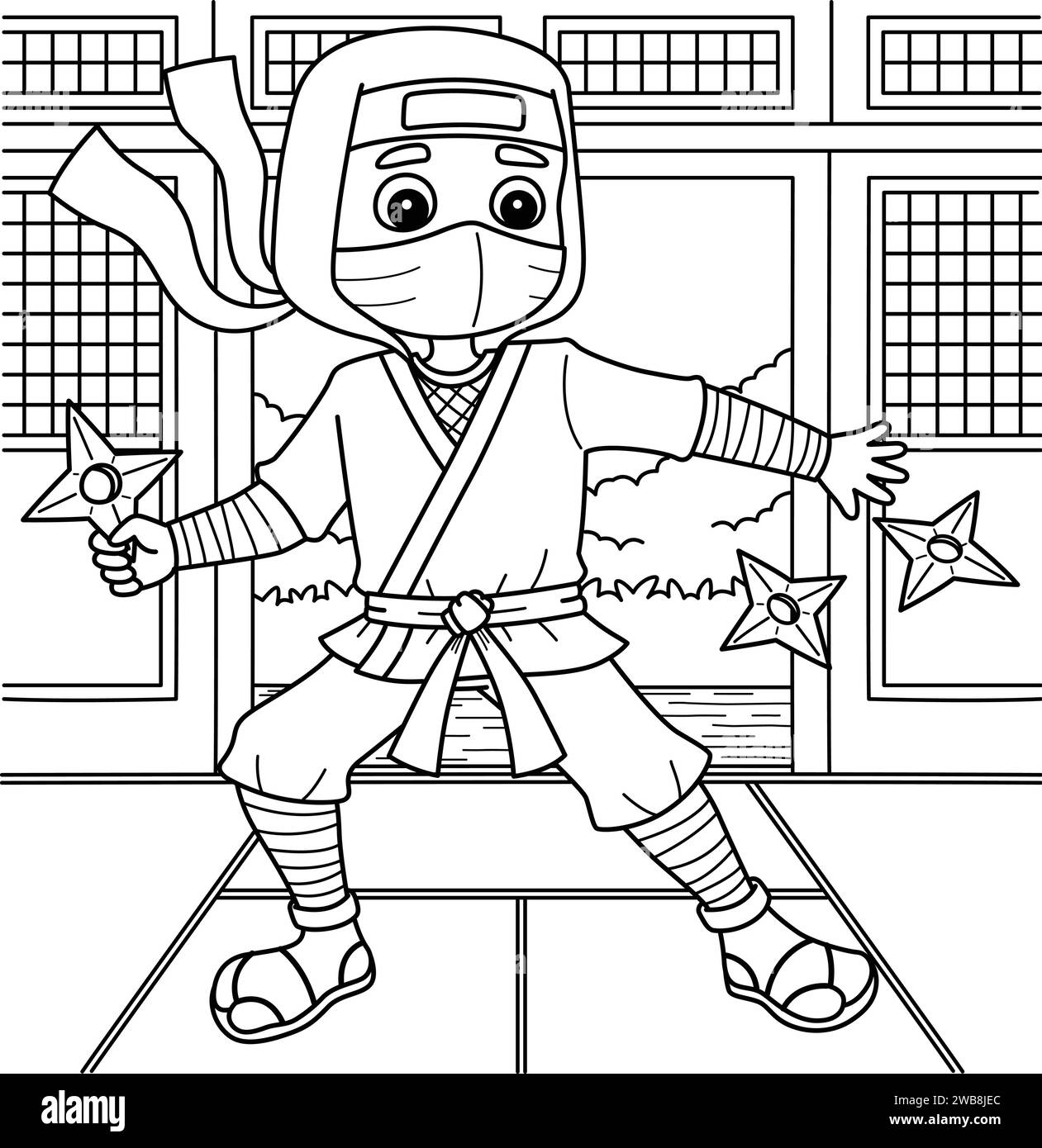Ninja Throwing a Shuriken Coloring Page for Kids Stock Vector Image ...