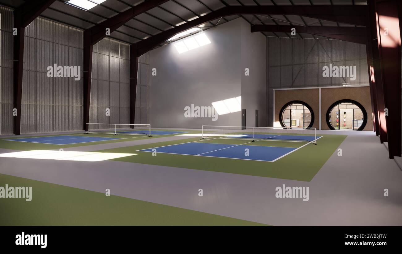 indoor pickleball court inside the warehouse building with green and ...