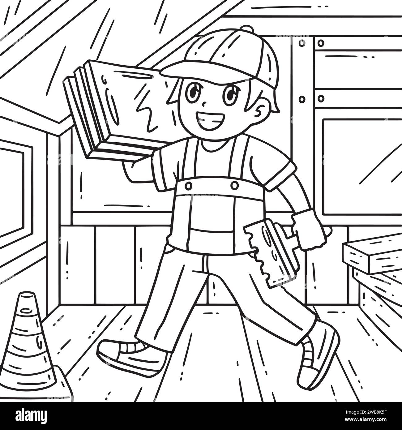 Construction Worker Carrying Tiles Coloring Page Stock Vector Image ...
