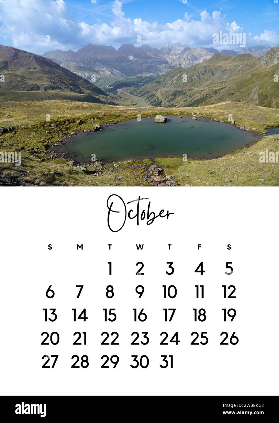 The month of October in the 2024 calendar with a mountain landscape ...