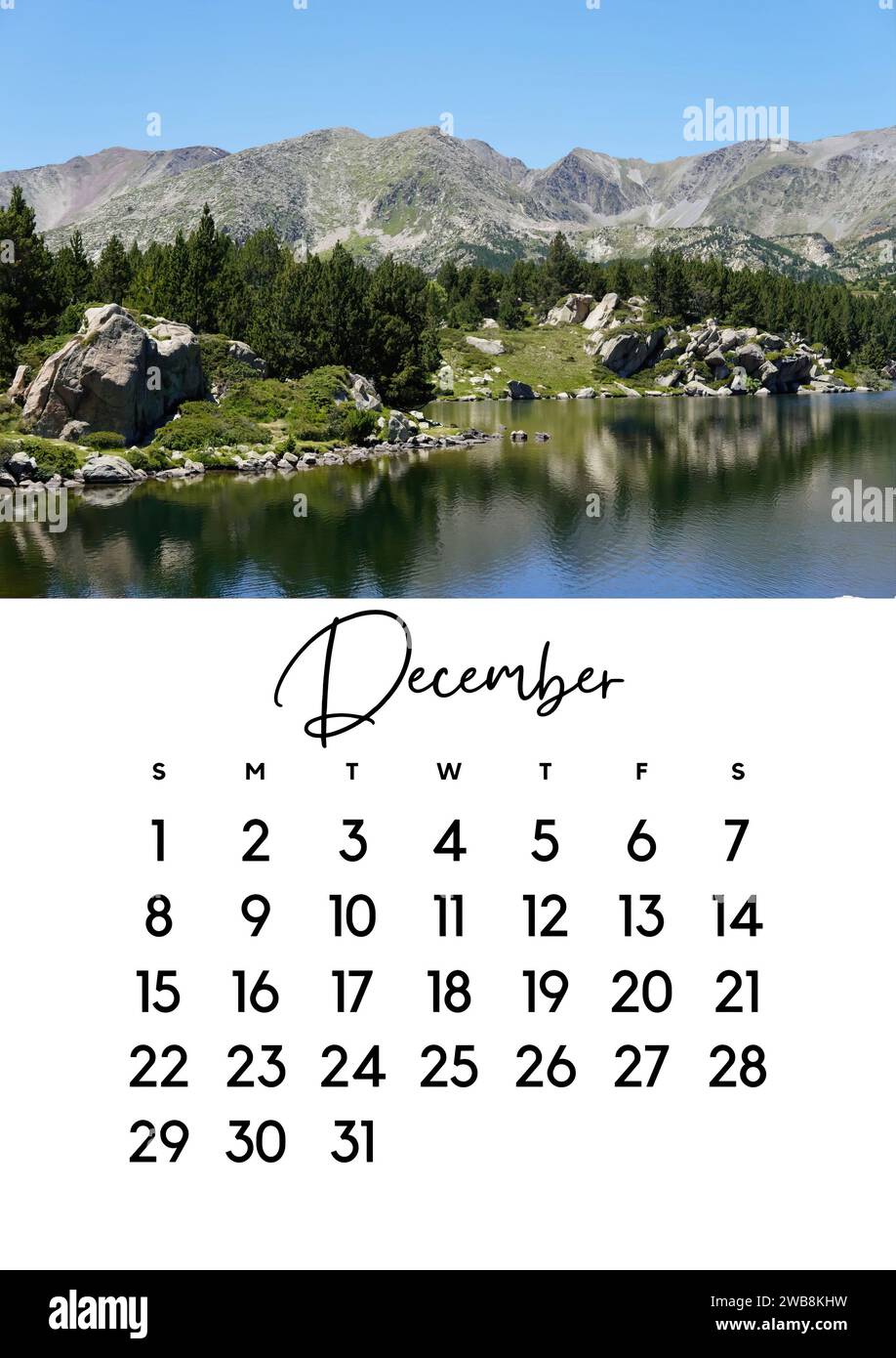 The month of December in the 2024 calendar with a mountain landscape ...