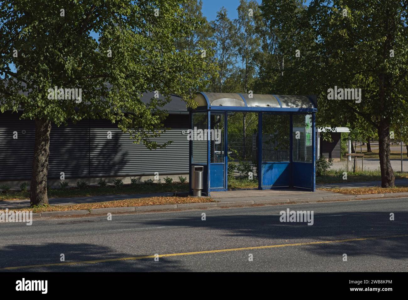 Empty blue public bus stop with waste bin along city road surrounded ...