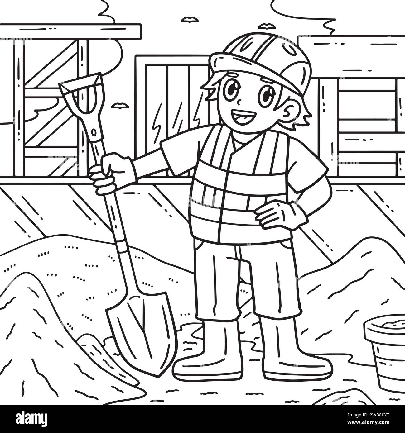 Construction Worker with a Shovel Coloring Page Stock Vector Image ...