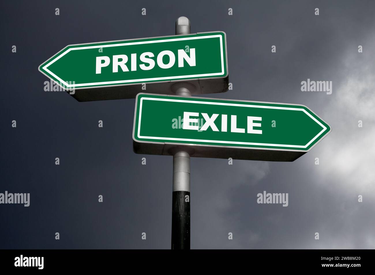 Two direction signs, one pointing left (Prison), and the other one ...