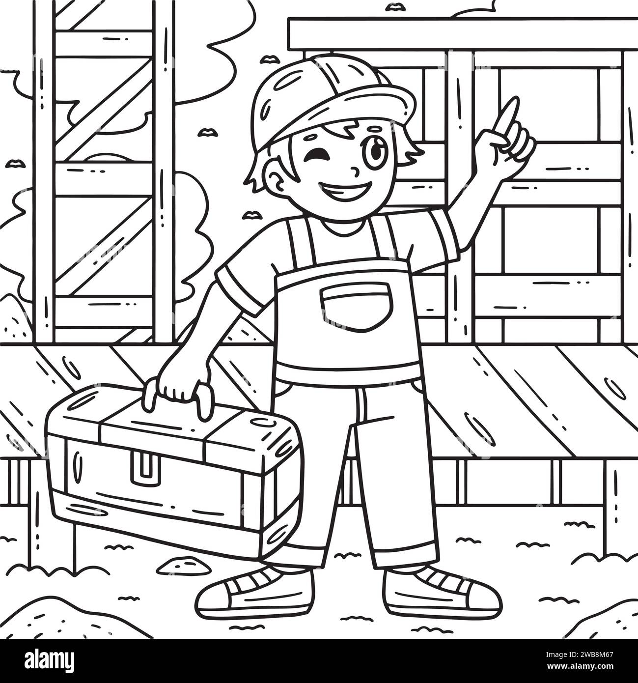 Construction Worker with Toolbox Coloring Page Stock Vector Image & Art ...