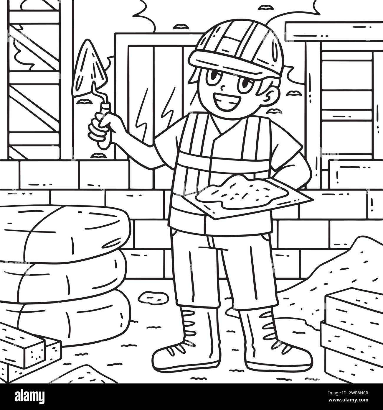 Construction Worker with Plaster Coloring Page Stock Vector Image & Art ...