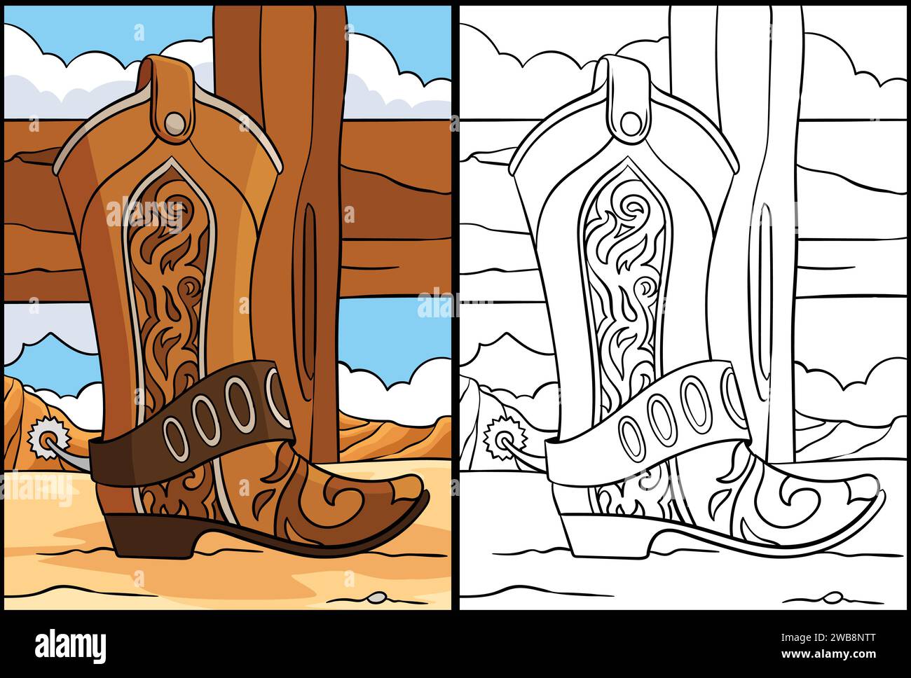 Cowboy Boots Coloring Page Colored Illustration Stock Vector Image ...