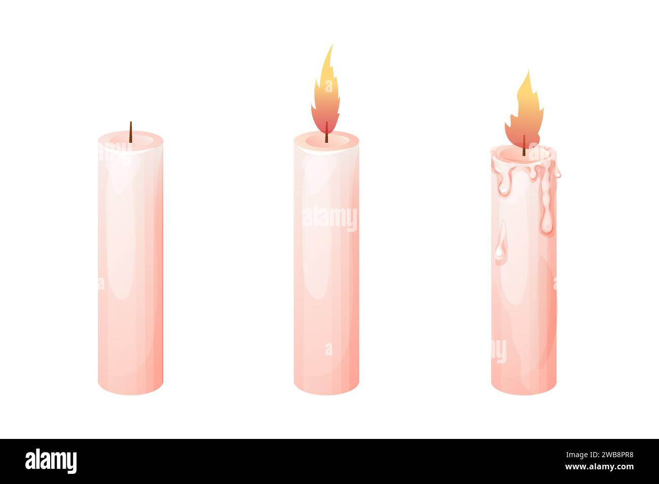 Set wax candle stages burning with fire, flame in cartoon style ...