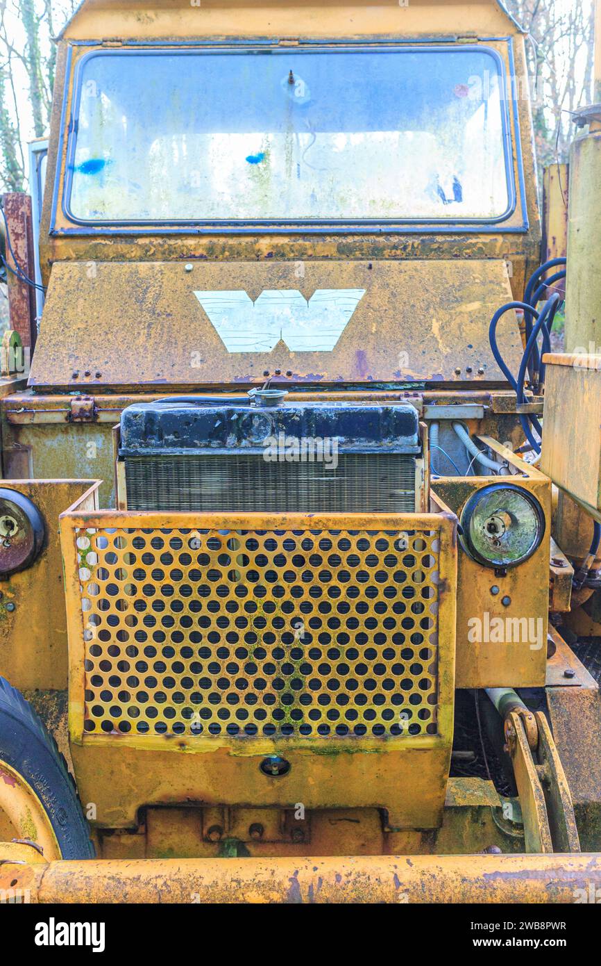 Front view of very old yellow railcar transporter, abandoned in the ...
