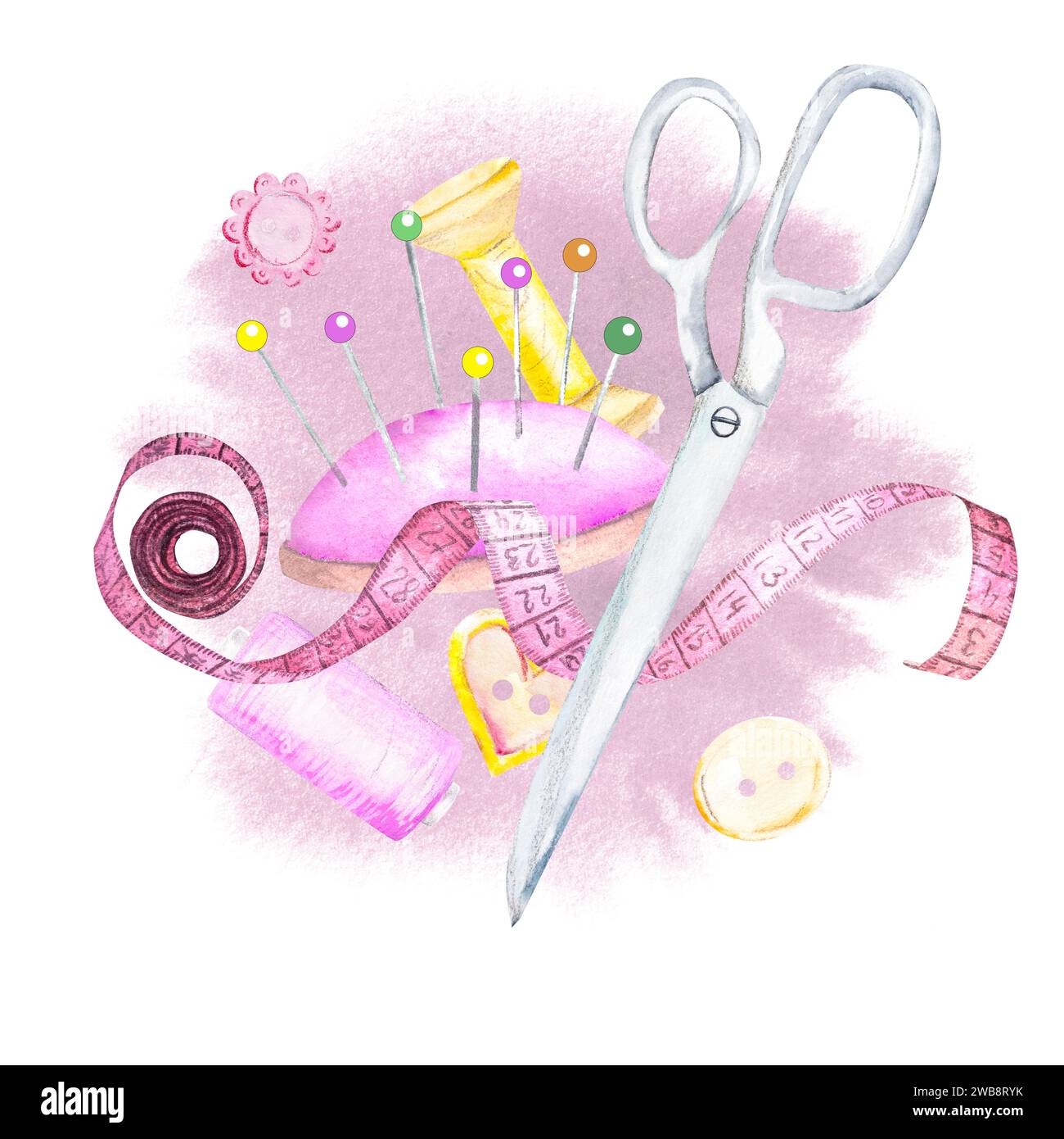 Watercolor sewing set. Hangers, buttons, threads, ribbon, sewing ...