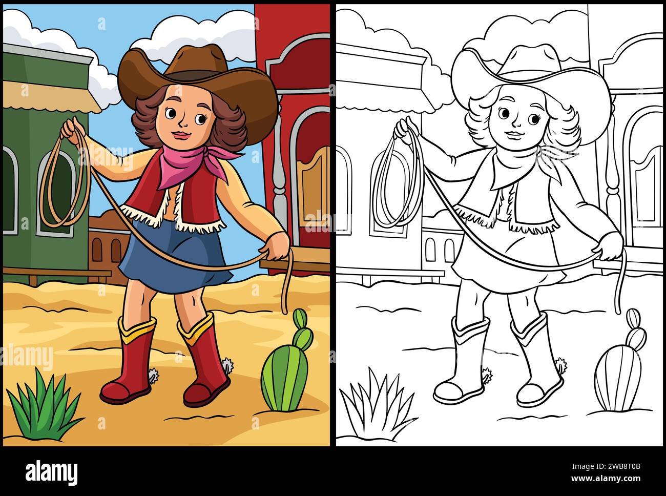 Cowboy Girl with a Rope Coloring Page Illustration Stock Vector Image ...