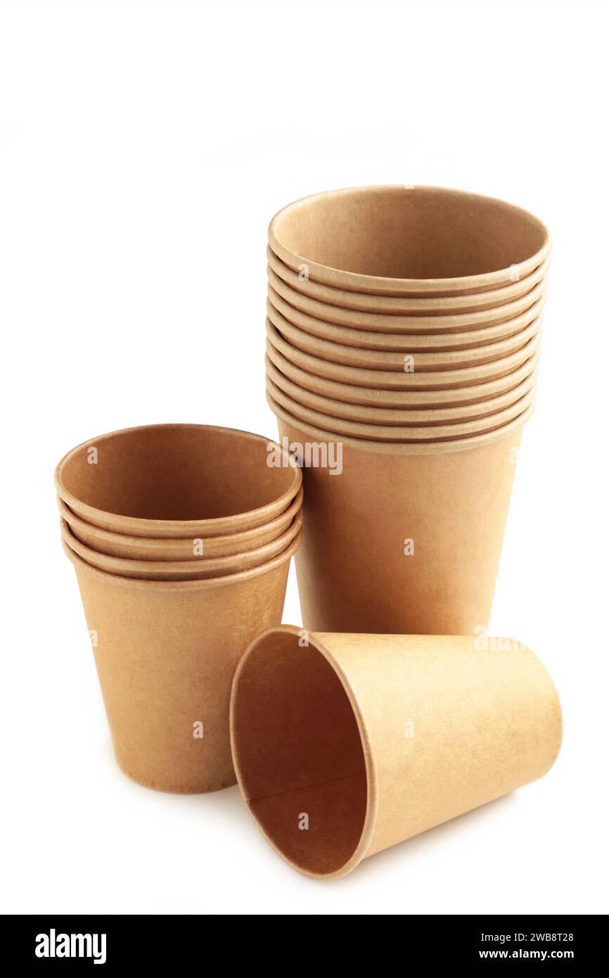 Disposable paper cups isolated on white background with copy space. Top ...