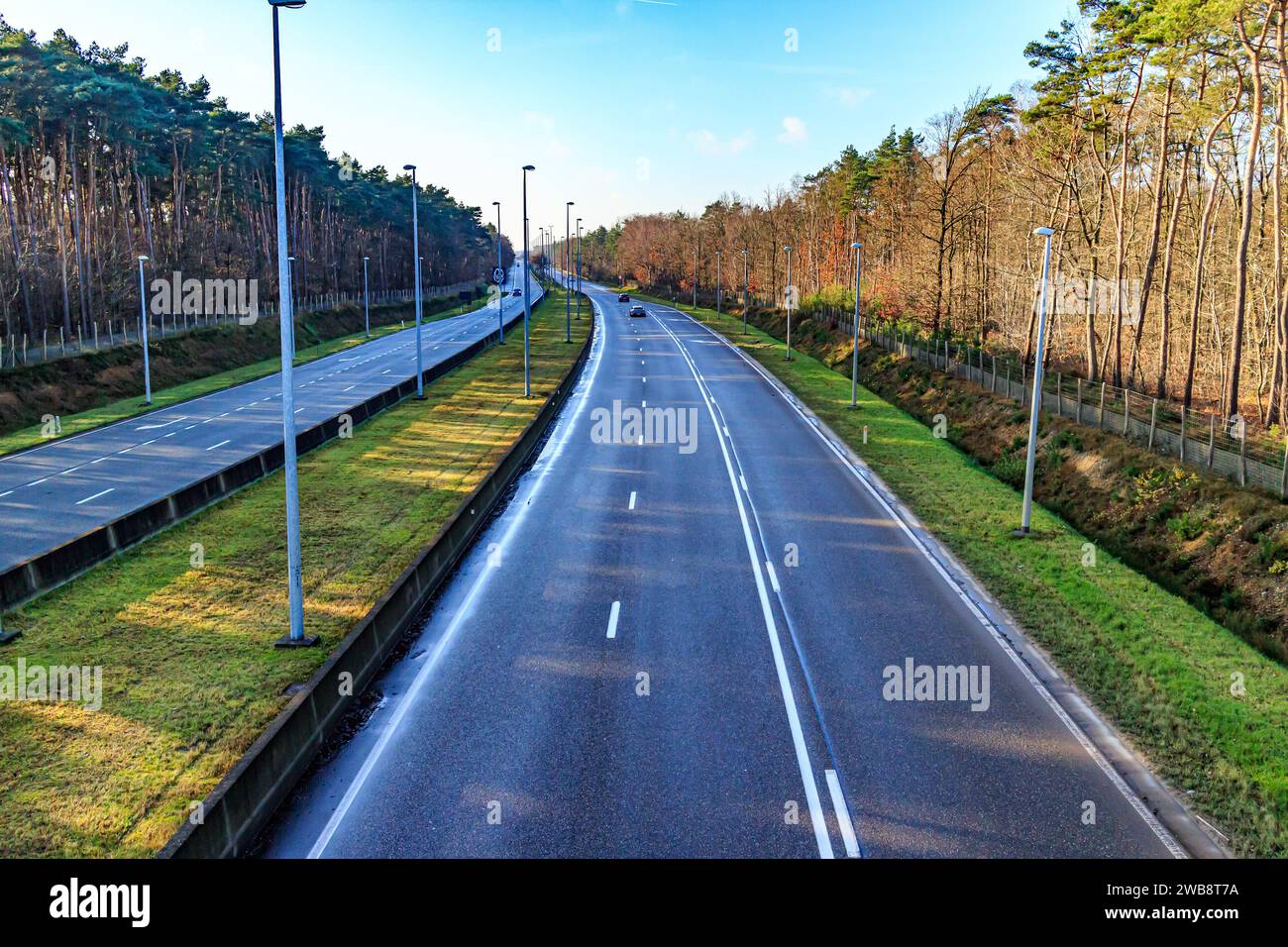 Aerial view of rural highway road with dual carriageways in both ...