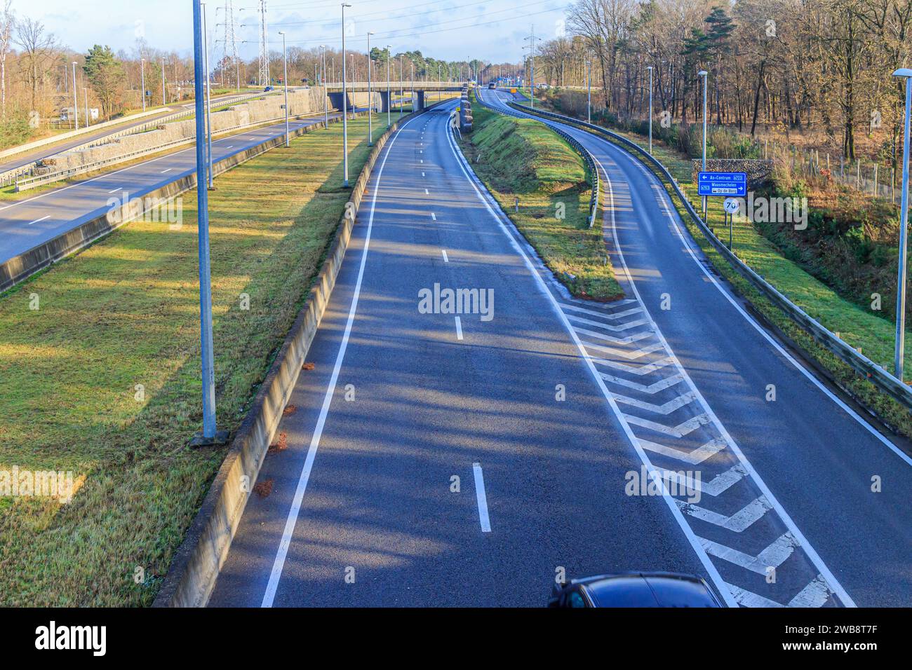 Aerial view of a highway road with dual carriageways in both directions ...