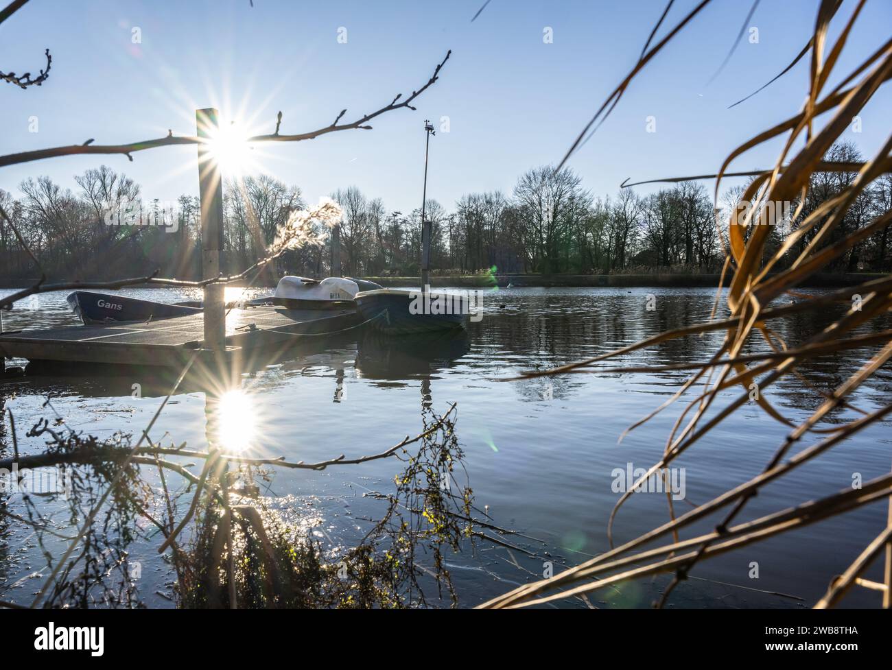Warendorf, Germany. 09th Jan, 2024. The sun shines on a jetty on Lake ...