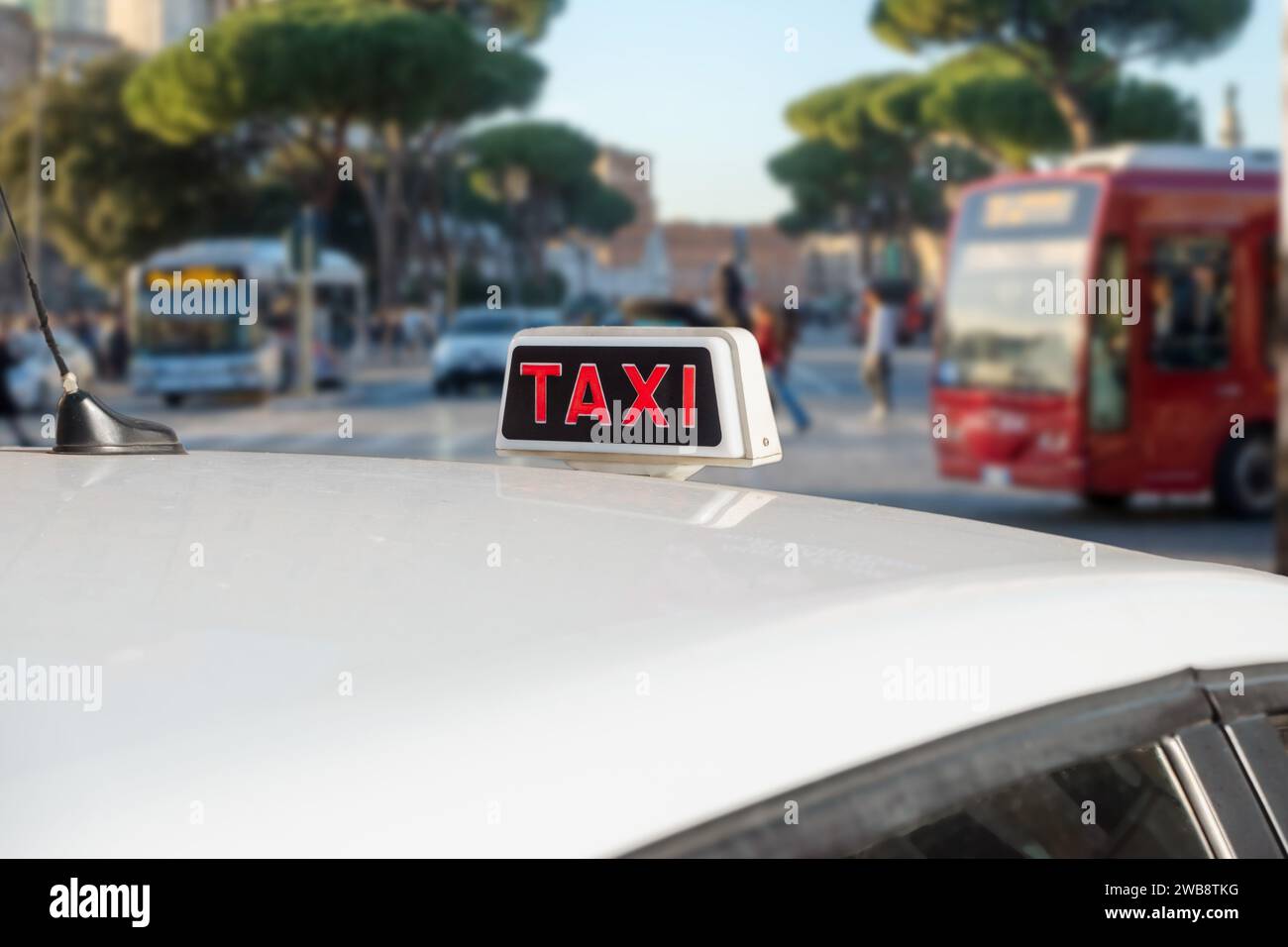 Public transport, Italy, Rome. White taxi and buses. Italian taxi cab ...