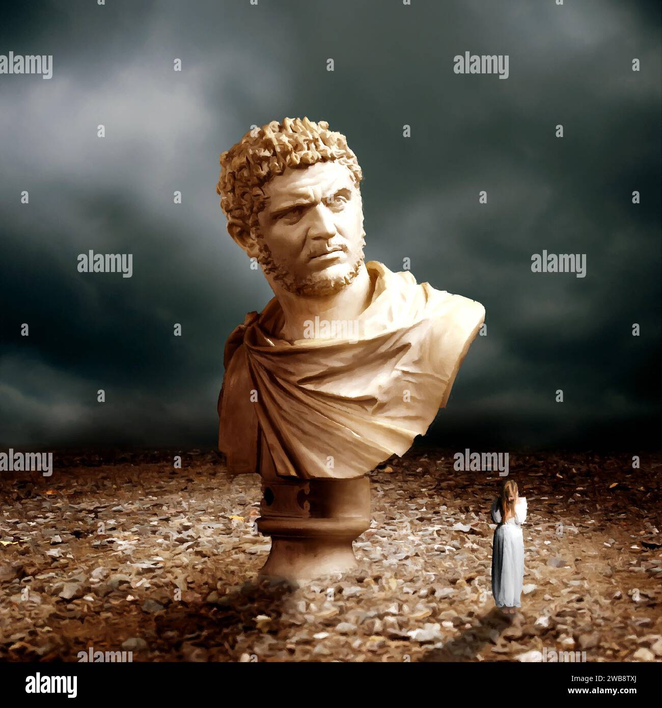 artistic composite of giant classical sculptures and miniature human ...