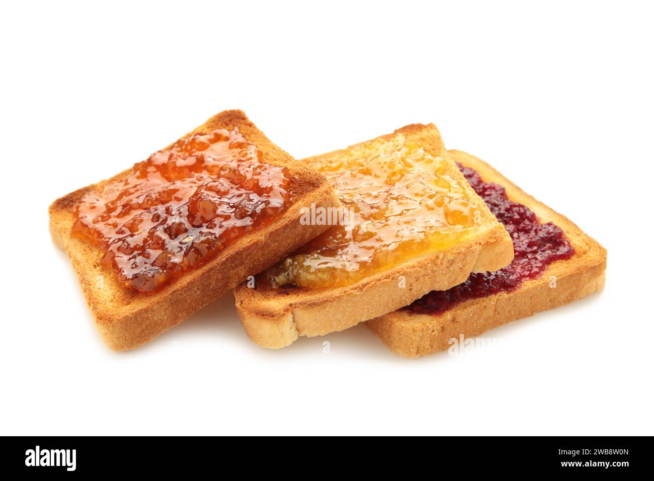 Fresh toast with butter and different jams isolated on white background ...
