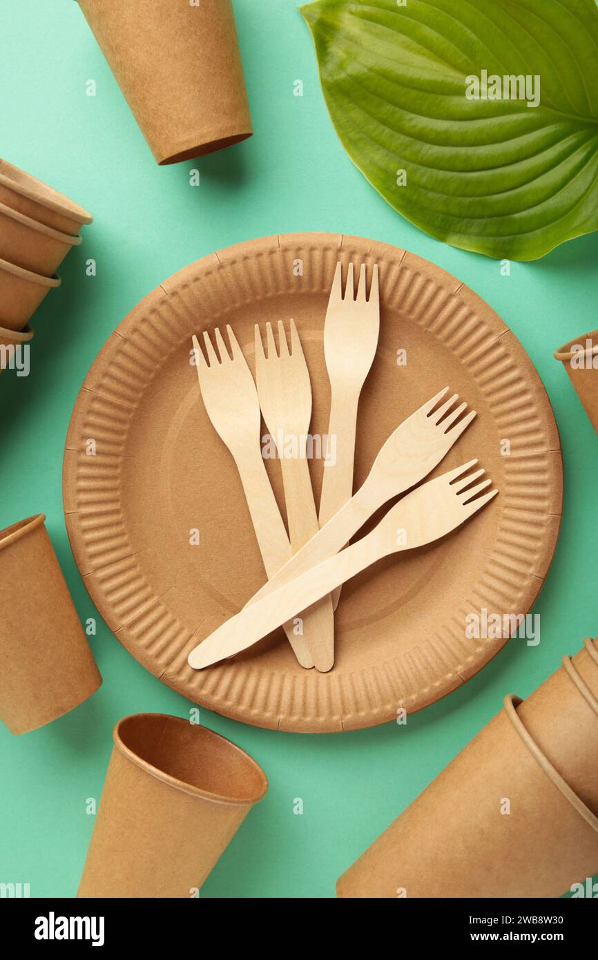 Eco friendly disposable tableware on a mint background. Top view Stock ...