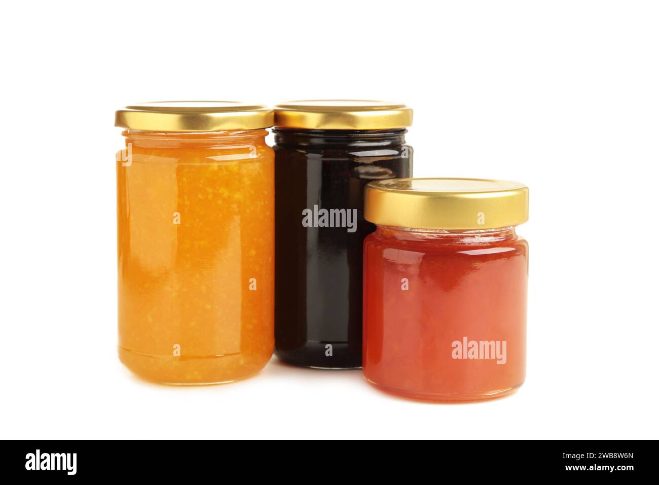 Assortment of jams, seasonal fresh berries and fruits isolated on white ...