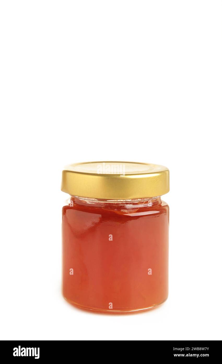 Peach jam jar isolated on white background. Top view Stock Photo - Alamy
