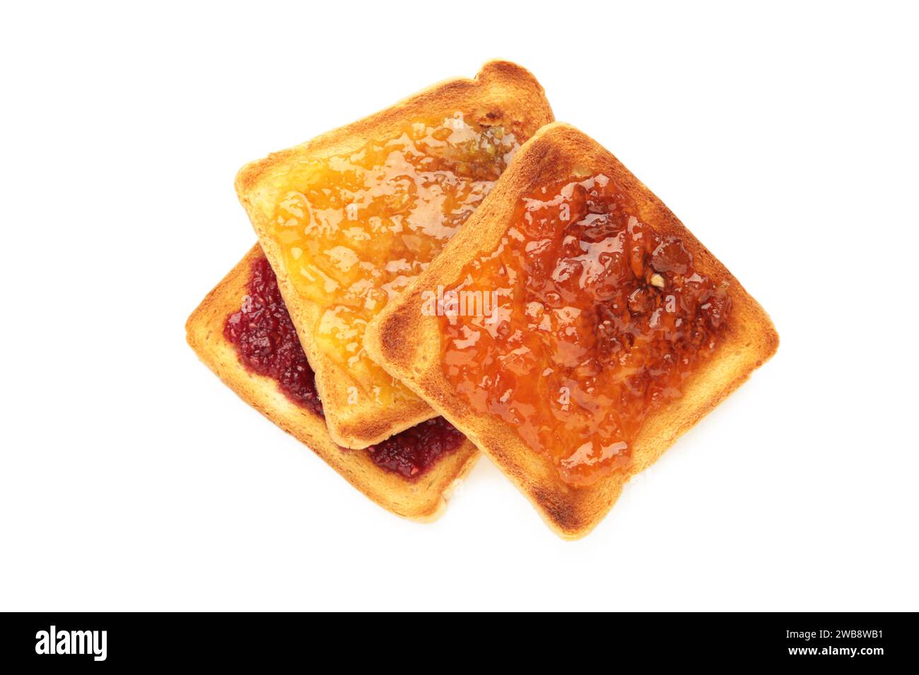 Fresh toast with butter and different jams isolated on white background ...