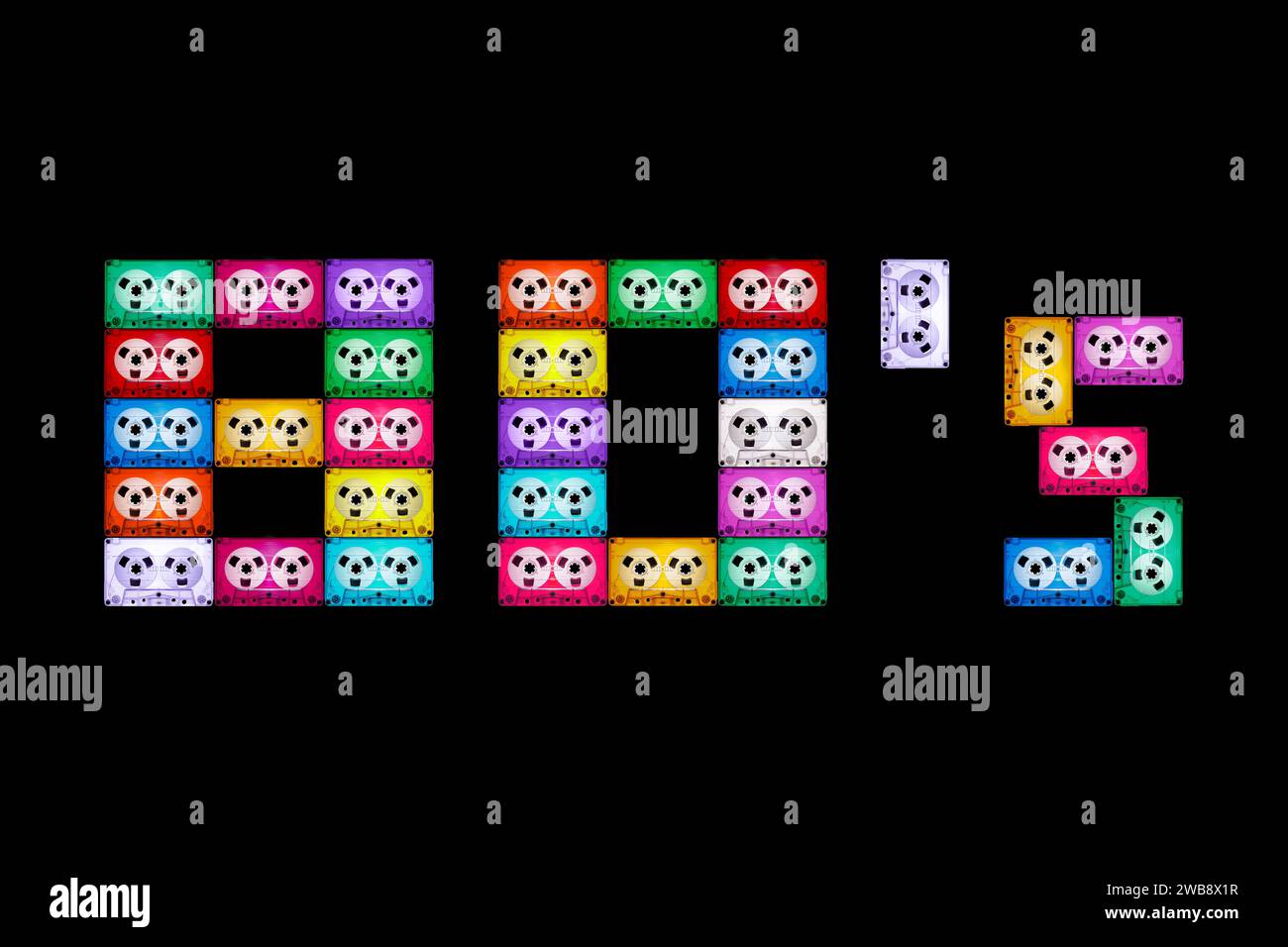 Square form text "80's" on a black isolated background, composed of ...