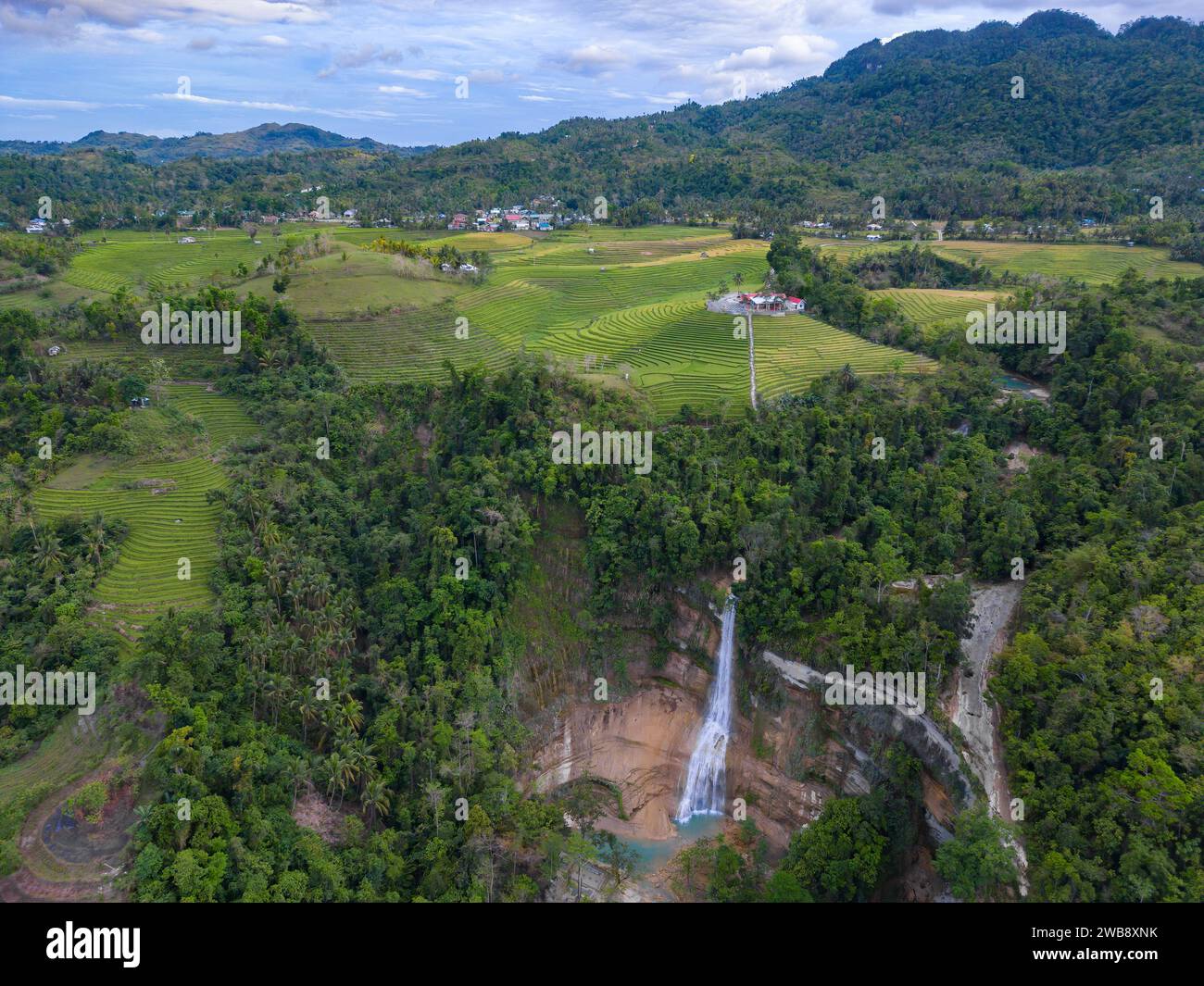 An aerial view of Cadapdapan rice terraces and Can-umantad Waterfall ...