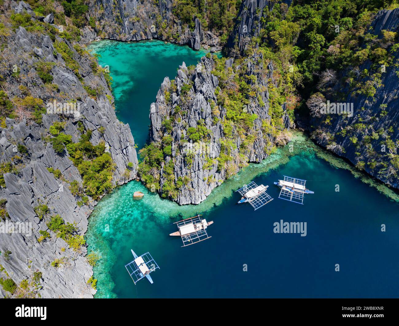 An aerial view of boats at Twin Lagoon, Coron Island, Philippines Stock ...