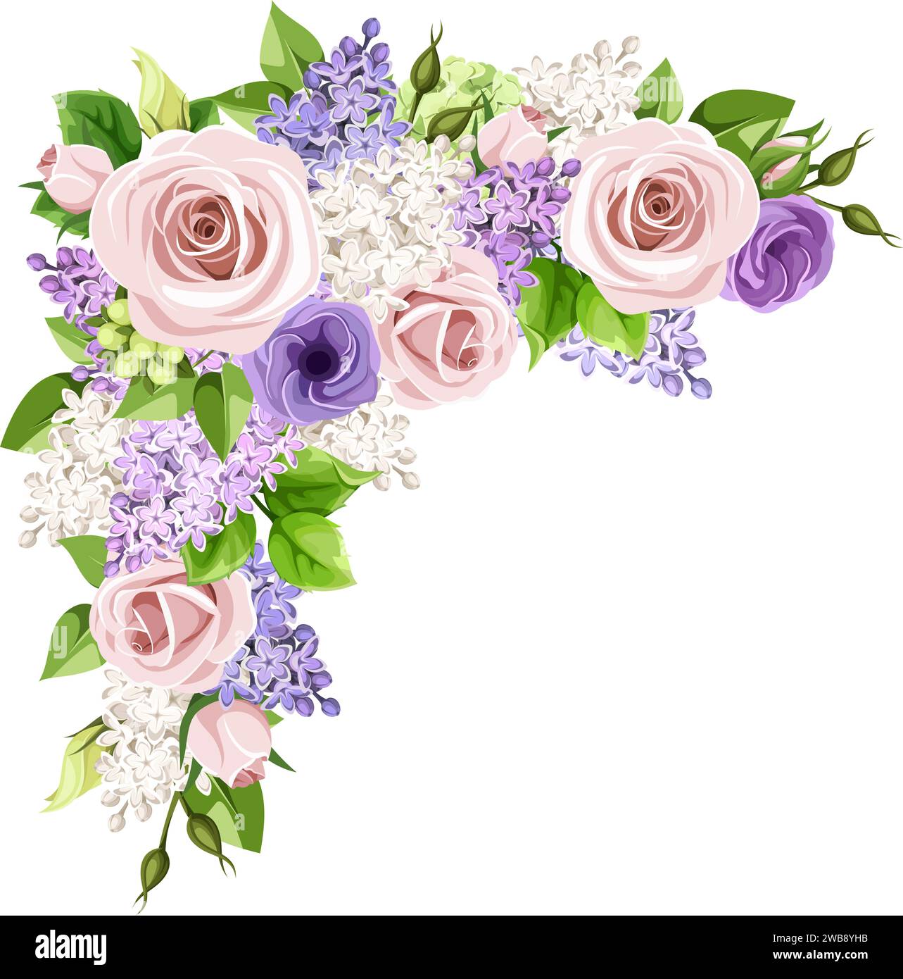 Corner background with pink rose flowers, lilac flowers, and green ...