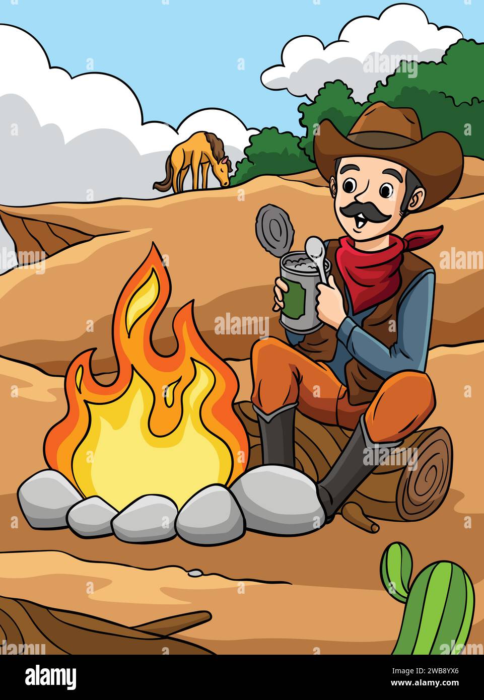 Cowboy Campfire Colored Cartoon Illustration Stock Vector Image & Art ...