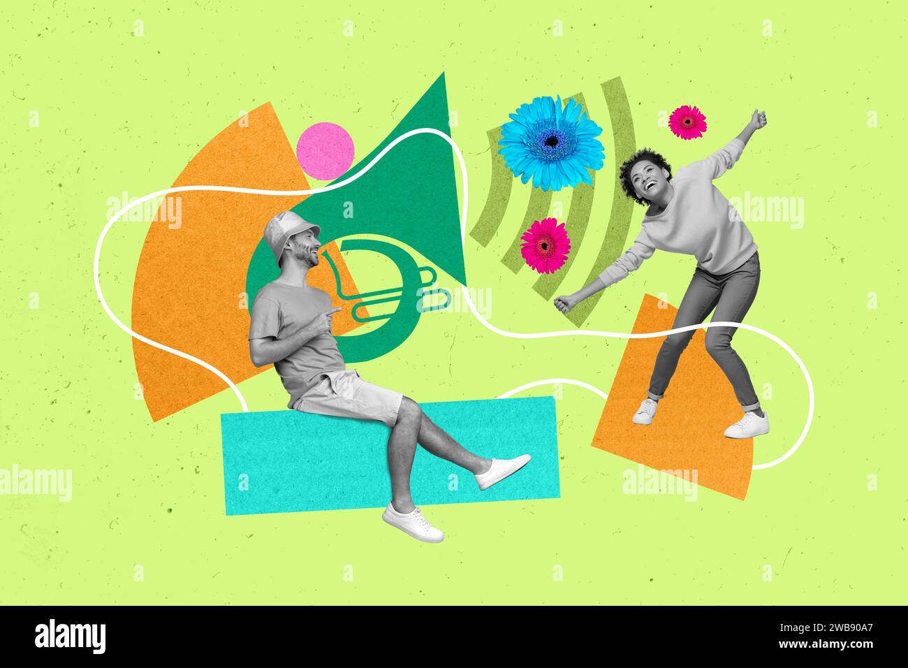 Collage illustration of young couple dancing man pointing finger his ...