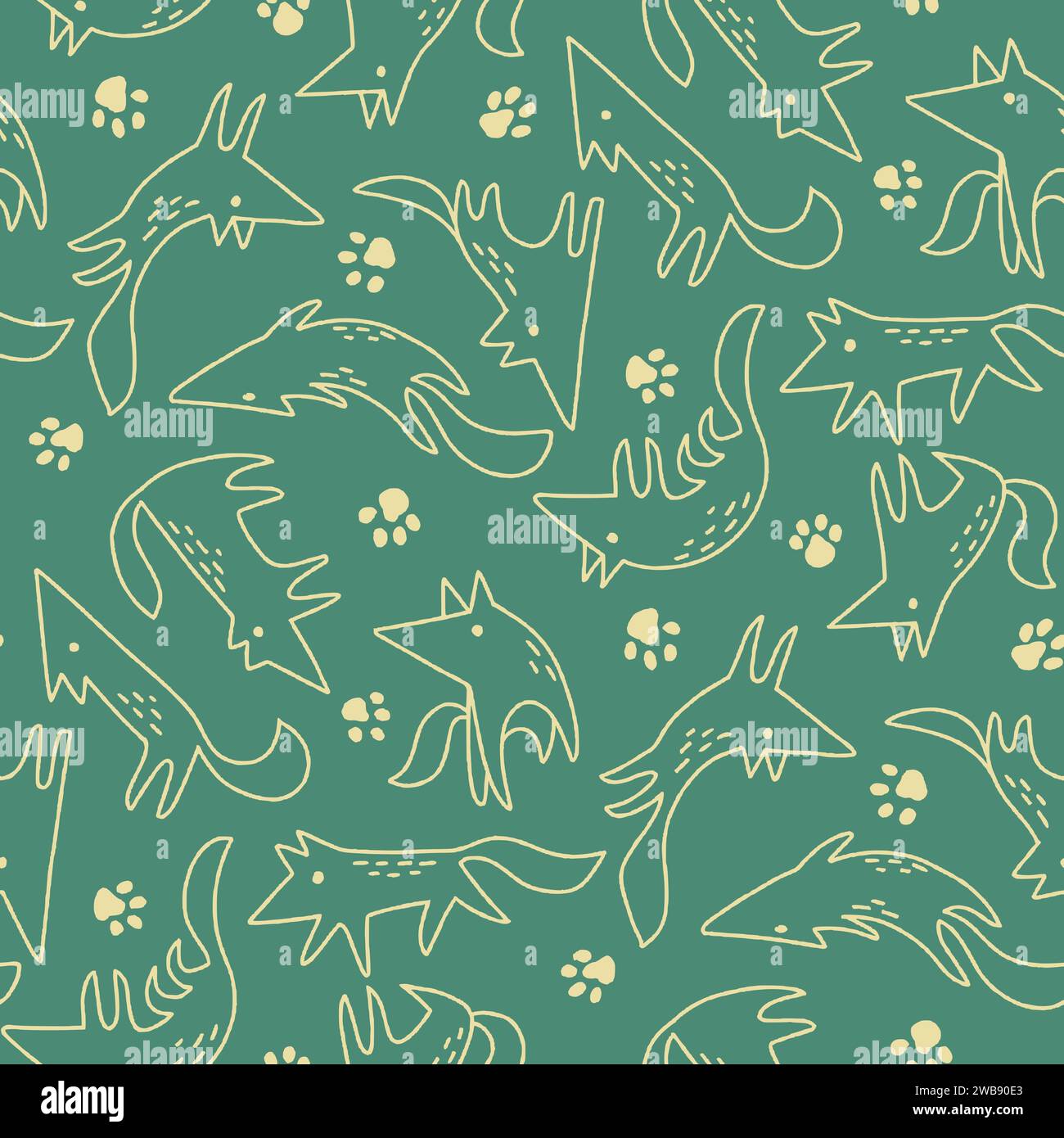 Vector Outline Cute Wolves and Paws Seamless Pattern for Textile or ...