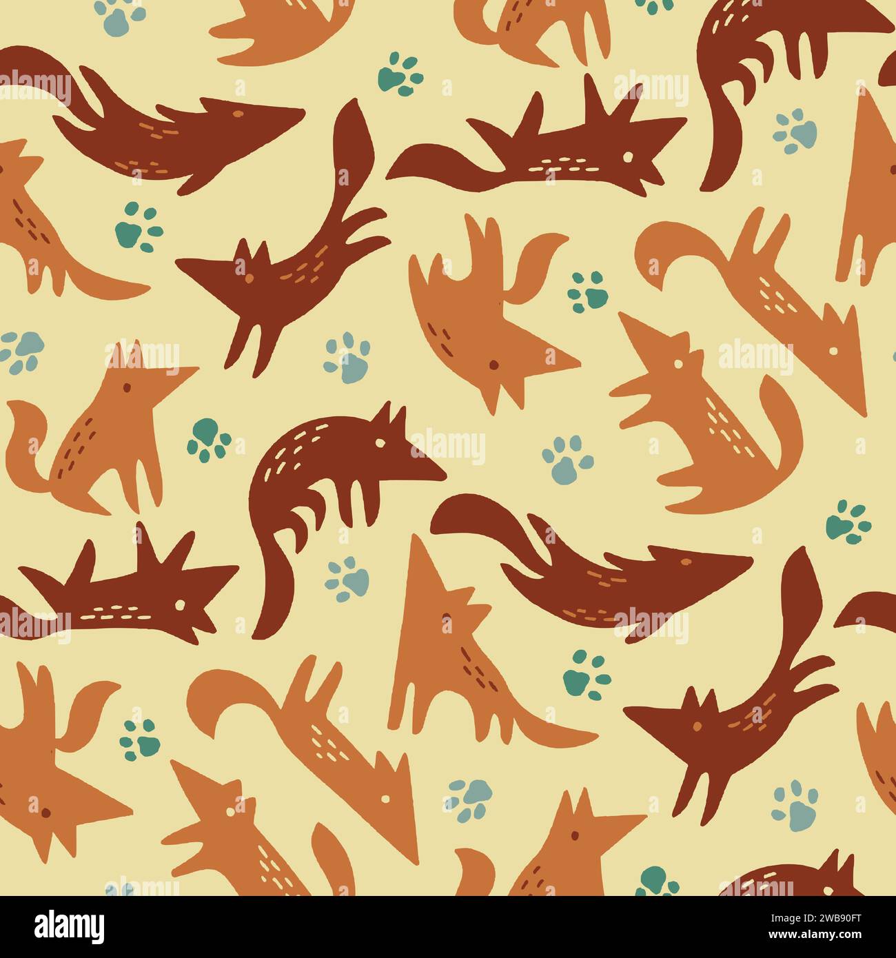 Vector Cute Wolves and Paws Seamless Pattern for Textile or Wrapping ...