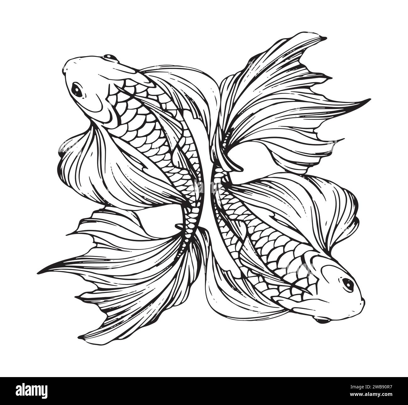 Two beautiful magical fish with long fins and tails logo, mystical ...