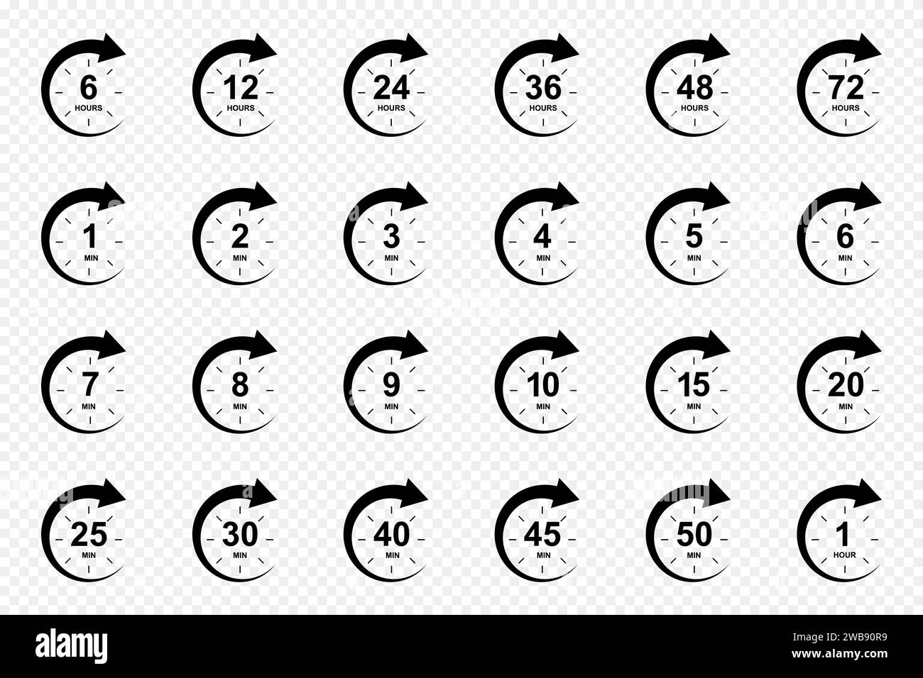 Hours and minutes icons with circle arrows. Set of customer service ...